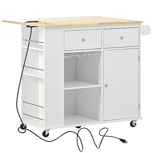 FRITHJILL Kitchen Storage Island with Power Outlet and Drop Leaf, Rolling Kitchen Cart with Spice Rack and Drawer, for Kitchen and Dining Room, White