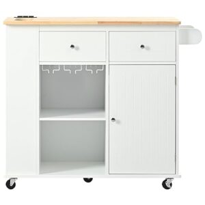 FRITHJILL Kitchen Storage Island with Power Outlet and Drop Leaf, Rolling Kitchen Cart with Spice Rack and Drawer, for Kitchen and Dining Room, White