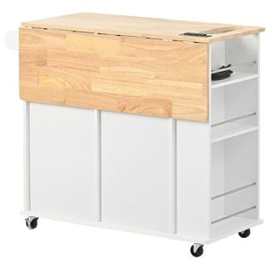 FRITHJILL Kitchen Storage Island with Power Outlet and Drop Leaf, Rolling Kitchen Cart with Spice Rack and Drawer, for Kitchen and Dining Room, White