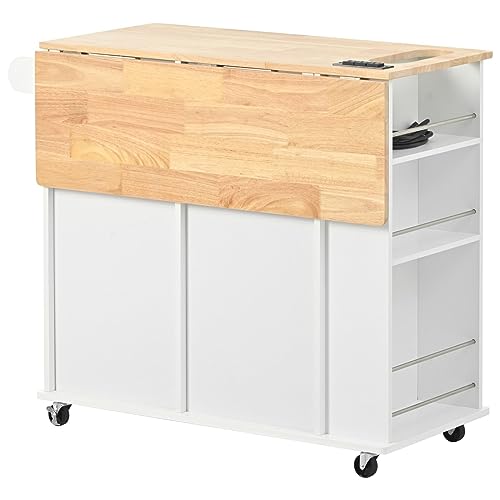 FRITHJILL Kitchen Storage Island with Power Outlet and Drop Leaf, Rolling Kitchen Cart with Spice Rack and Drawer, for Kitchen and Dining Room, White