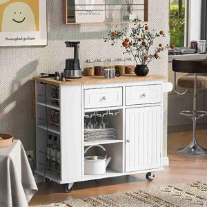 FRITHJILL Kitchen Storage Island with Power Outlet and Drop Leaf, Rolling Kitchen Cart with Spice Rack and Drawer, for Kitchen and Dining Room, White