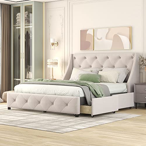 OPTOUGH Queen Size Upholstered Platform Bed with 4 Drawers and Wingback Tufted Headboard and Modern Storage Queen Bed Frame with Slats Support,Linen Fabric,No Spring Box Needed,Beige