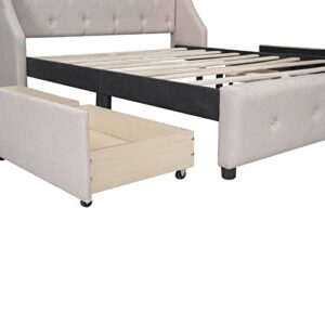 OPTOUGH Queen Size Upholstered Platform Bed with 4 Drawers and Wingback Tufted Headboard and Modern Storage Queen Bed Frame with Slats Support,Linen Fabric,No Spring Box Needed,Beige