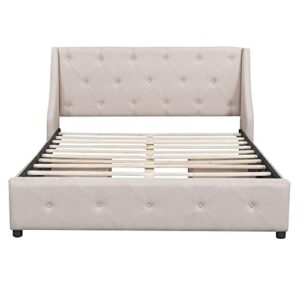 OPTOUGH Queen Size Upholstered Platform Bed with 4 Drawers and Wingback Tufted Headboard and Modern Storage Queen Bed Frame with Slats Support,Linen Fabric,No Spring Box Needed,Beige