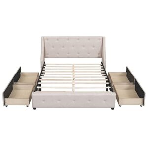 OPTOUGH Queen Size Upholstered Platform Bed with 4 Drawers and Wingback Tufted Headboard and Modern Storage Queen Bed Frame with Slats Support,Linen Fabric,No Spring Box Needed,Beige