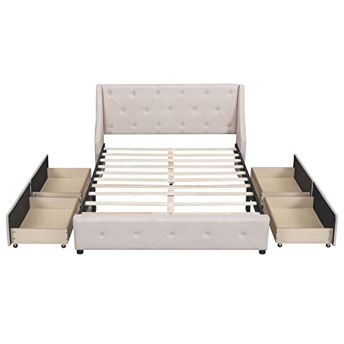 OPTOUGH Queen Size Upholstered Platform Bed with 4 Drawers and Wingback Tufted Headboard and Modern Storage Queen Bed Frame with Slats Support,Linen Fabric,No Spring Box Needed,Beige