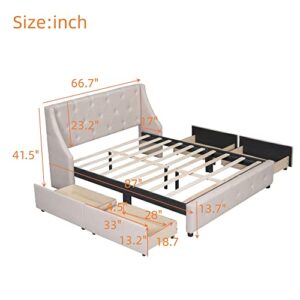 OPTOUGH Queen Size Upholstered Platform Bed with 4 Drawers and Wingback Tufted Headboard and Modern Storage Queen Bed Frame with Slats Support,Linen Fabric,No Spring Box Needed,Beige