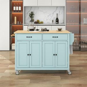 kitchen island cart with spacious tabletop and locking wheels, 54.3" large kitchen trolley cart with 4 door cabinet and two storage drawers spice rack towel rack rolling kitchen island cart mint green