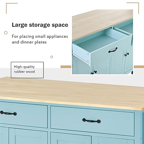 Kitchen Island Cart with Spacious Tabletop and Locking Wheels, 54.3" Large Kitchen Trolley Cart with 4 Door Cabinet and Two Storage Drawers Spice Rack Towel Rack Rolling Kitchen Island Cart Mint Green