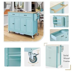 Kitchen Island Cart with Spacious Tabletop and Locking Wheels, 54.3" Large Kitchen Trolley Cart with 4 Door Cabinet and Two Storage Drawers Spice Rack Towel Rack Rolling Kitchen Island Cart Mint Green