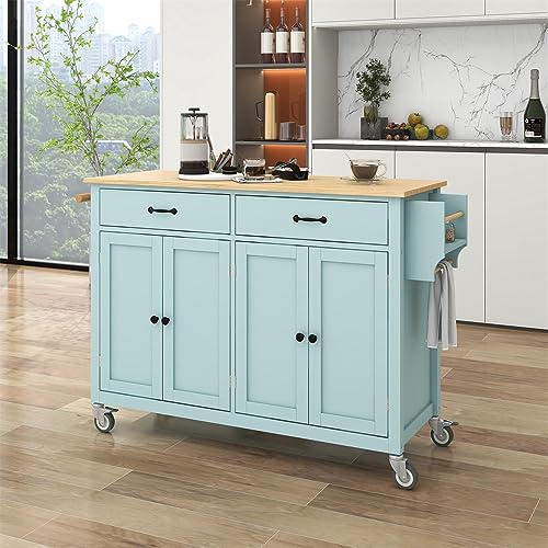 Kitchen Island Cart with Spacious Tabletop and Locking Wheels, 54.3" Large Kitchen Trolley Cart with 4 Door Cabinet and Two Storage Drawers Spice Rack Towel Rack Rolling Kitchen Island Cart Mint Green