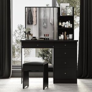 fufu&gaga large vanity table set makeup vanity dressing table with mirror, 5 drawers & shelves, dresser desk and cushioned stool set black