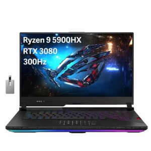 asus 2023 rog strix scar 15 15.6" 300hz ips type fhd gaming laptop, amd ryzen 9 5900hx, 16gb ram, 512gb pcie ssd, rgb backlit keyboard, geforce rtx 3080, win 10 pro, gray, 32gb snowbell usb card