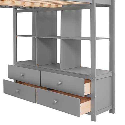 Harper & Bright Designs Full Size Loft Bed with Desk and 2 Drawers, Solid Wood Full Loft Bed with Storage Shelves and Drawers for Girls Boys Teens Adults,No Box Spring Needed,Grey