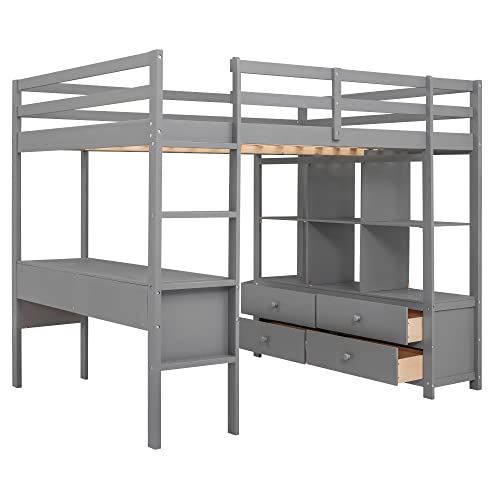 Harper & Bright Designs Full Size Loft Bed with Desk and 2 Drawers, Solid Wood Full Loft Bed with Storage Shelves and Drawers for Girls Boys Teens Adults,No Box Spring Needed,Grey