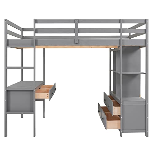 Harper & Bright Designs Full Size Loft Bed with Desk and 2 Drawers, Solid Wood Full Loft Bed with Storage Shelves and Drawers for Girls Boys Teens Adults,No Box Spring Needed,Grey