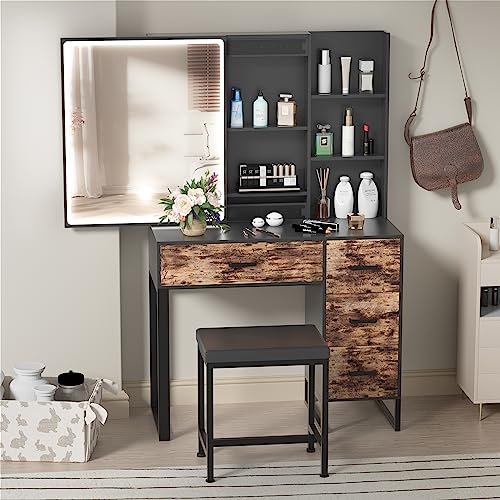 PAKASEPT Vanity Desk with Mirror and Lights, 35.4'' Rustic Vanity Set with Hidden Space & Shelves, Cushioned Stool, Farmhouse Makeup Vanity Desk for Bedroom