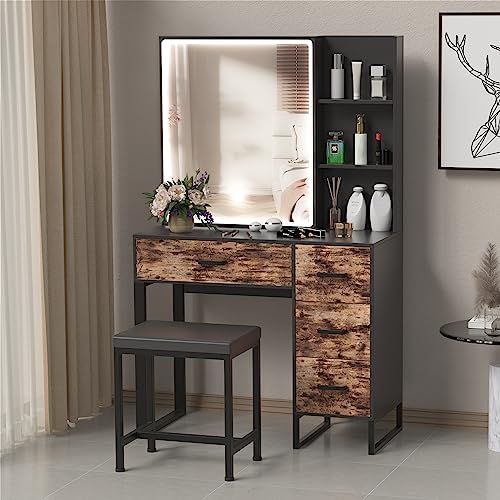 PAKASEPT Vanity Desk with Mirror and Lights, 35.4'' Rustic Vanity Set with Hidden Space & Shelves, Cushioned Stool, Farmhouse Makeup Vanity Desk for Bedroom