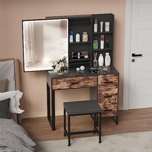 PAKASEPT Vanity Desk with Mirror and Lights, 35.4'' Rustic Vanity Set with Hidden Space & Shelves, Cushioned Stool, Farmhouse Makeup Vanity Desk for Bedroom