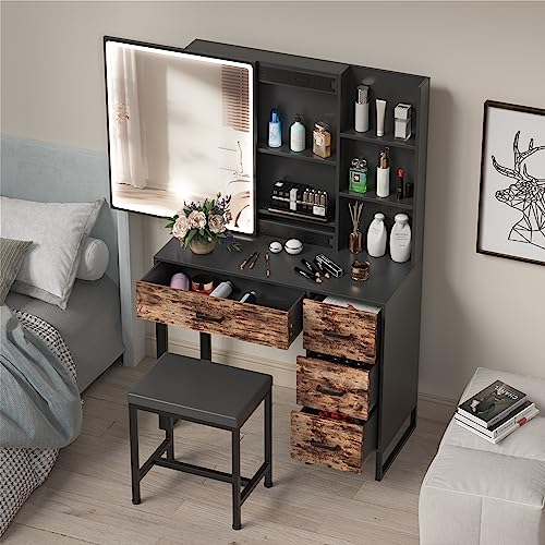 PAKASEPT Vanity Desk with Mirror and Lights, 35.4'' Rustic Vanity Set with Hidden Space & Shelves, Cushioned Stool, Farmhouse Makeup Vanity Desk for Bedroom