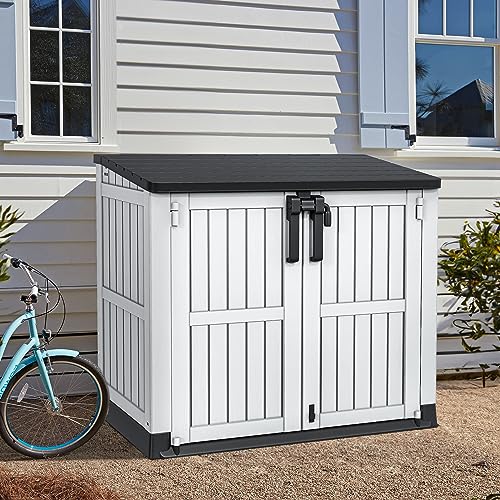 YITAHOME 36 cu ft Resin Outdoor Storage Shed, Weather-Resistant Horizontal Tool Shed, Waterproof Outdoor Storage with Lockable Doors & Air Vent for Trash Cans, Garden Tools (Light Gray)