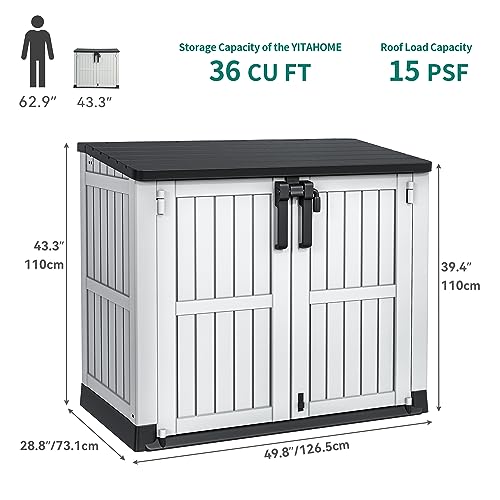 YITAHOME 36 cu ft Resin Outdoor Storage Shed, Weather-Resistant Horizontal Tool Shed, Waterproof Outdoor Storage with Lockable Doors & Air Vent for Trash Cans, Garden Tools (Light Gray)