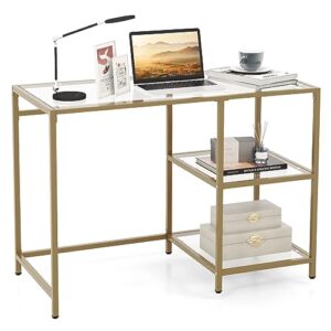 tangkula tempered glass computer desk with 2-tier storage shelves, modern computer workstation, vanity makeup table, sturdy metal frame, home office desk, student writing study desk (gold)