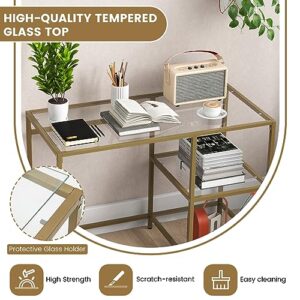 Tangkula Tempered Glass Computer Desk with 2-Tier Storage Shelves, Modern Computer Workstation, Vanity Makeup Table, Sturdy Metal Frame, Home Office Desk, Student Writing Study Desk (Gold)