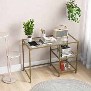 Tangkula Tempered Glass Computer Desk with 2-Tier Storage Shelves, Modern Computer Workstation, Vanity Makeup Table, Sturdy Metal Frame, Home Office Desk, Student Writing Study Desk (Gold)