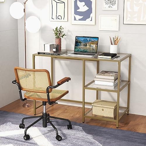 Tangkula Tempered Glass Computer Desk with 2-Tier Storage Shelves, Modern Computer Workstation, Vanity Makeup Table, Sturdy Metal Frame, Home Office Desk, Student Writing Study Desk (Gold)