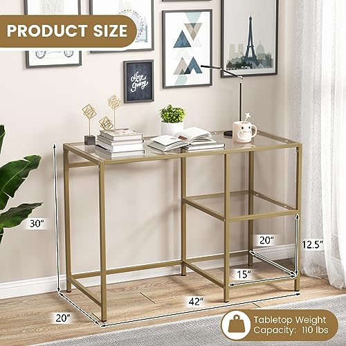 Tangkula Tempered Glass Computer Desk with 2-Tier Storage Shelves, Modern Computer Workstation, Vanity Makeup Table, Sturdy Metal Frame, Home Office Desk, Student Writing Study Desk (Gold)