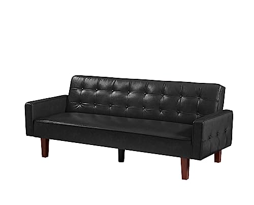 Eafurn 74.41" Faxu Leather Upholstered Futon Sofa Bed, Deep Button Tufted Convertible Folding Sleeper Couches with Solid Wood Legs, 3 Seater Comfy Soft Sofa & Couches for Living Room Office, Black PU