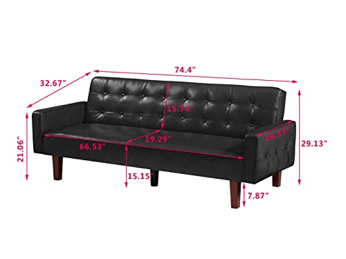 Eafurn 74.41" Faxu Leather Upholstered Futon Sofa Bed, Deep Button Tufted Convertible Folding Sleeper Couches with Solid Wood Legs, 3 Seater Comfy Soft Sofa & Couches for Living Room Office, Black PU