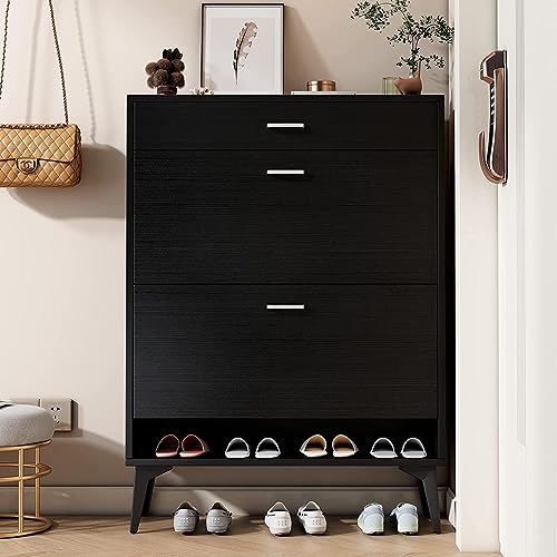 ME2 Shoe Cabinet for Entryway with 1 Slide Drawer & 2 Flip Drawers, Freestanding Shoe Rack Storage Organizer Cabinet(Black)