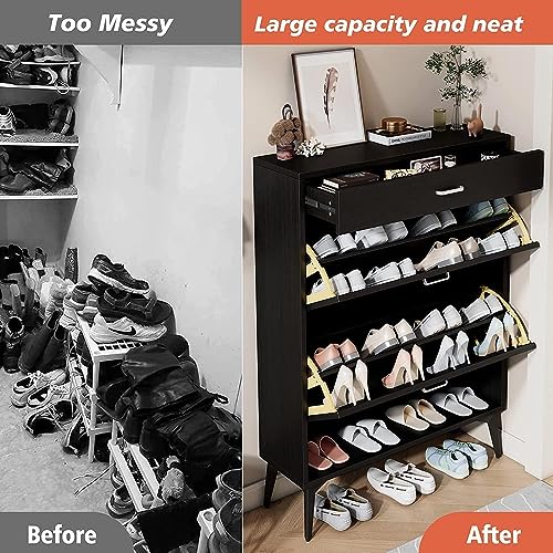 ME2 Shoe Cabinet for Entryway with 1 Slide Drawer & 2 Flip Drawers, Freestanding Shoe Rack Storage Organizer Cabinet(Black)