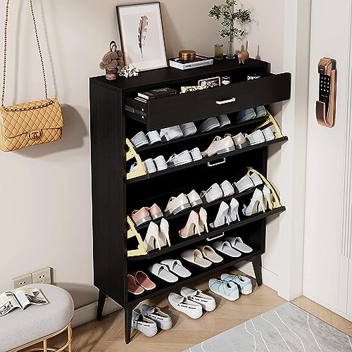 ME2 Shoe Cabinet for Entryway with 1 Slide Drawer & 2 Flip Drawers, Freestanding Shoe Rack Storage Organizer Cabinet(Black)