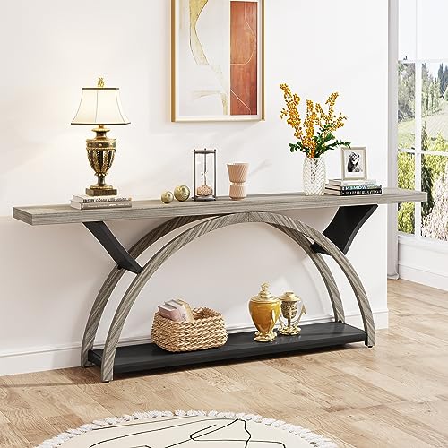 Tribesigns 70.87" Console Table with Storage Shelf, Narrow Long Sofa Table Behind Couch Table, 2-Tier Rustic Entryway Table with Half Moon Frame for Hallway Living Room, Gray & Black