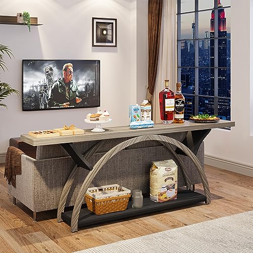 Tribesigns 70.87" Console Table with Storage Shelf, Narrow Long Sofa Table Behind Couch Table, 2-Tier Rustic Entryway Table with Half Moon Frame for Hallway Living Room, Gray & Black