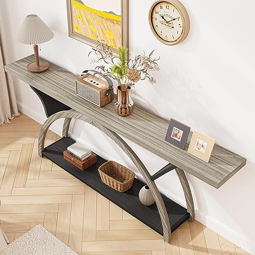 Tribesigns 70.87" Console Table with Storage Shelf, Narrow Long Sofa Table Behind Couch Table, 2-Tier Rustic Entryway Table with Half Moon Frame for Hallway Living Room, Gray & Black