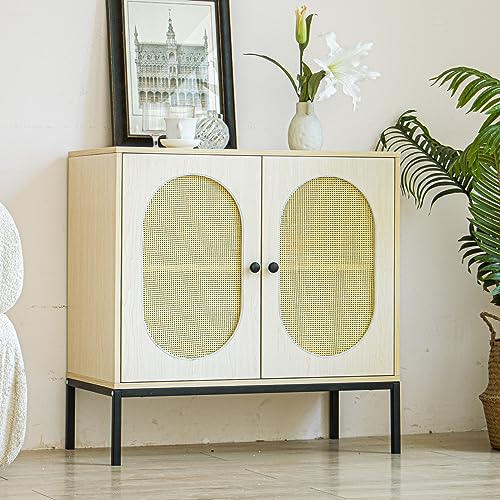 EMKK Sideboard Buffet, Kitchen Storage Rattan Decorated Doors, Liquor Cabinet, Dining Room, Hallway, Cupboard Console Table, Accent Cabine, Natural Wood