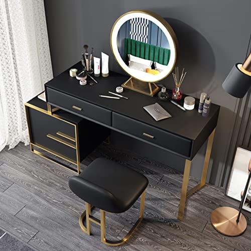 Makeup Vanity with Lights, Makeup Desk with Chair, Desk Vanity with LED Mirror, Three-Color Dimmable, Large Capacity Solid Wood Drawer, Make up Tables for Women 47in Black