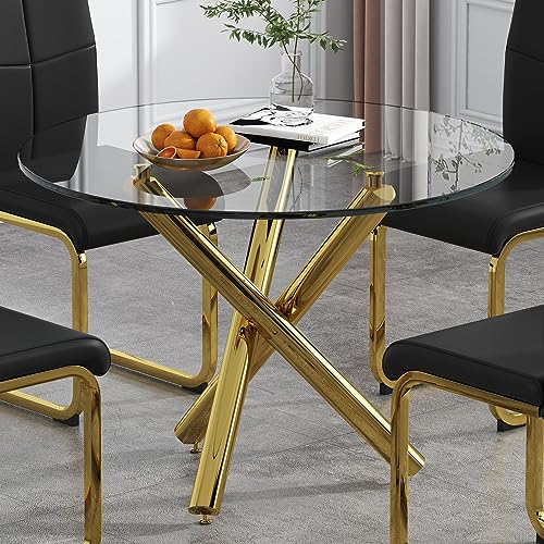 Round Glass Dining Room Table for 2 to 4 Person Modern Tempered Glass Top, Sturdy Chrome Legs, Adjustable Foot Pads, Kitchen Table for Living Room, Dining Room, Tea, Home, 39.37 Inch, Golden Base