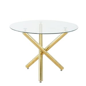 Round Glass Dining Room Table for 2 to 4 Person Modern Tempered Glass Top, Sturdy Chrome Legs, Adjustable Foot Pads, Kitchen Table for Living Room, Dining Room, Tea, Home, 39.37 Inch, Golden Base