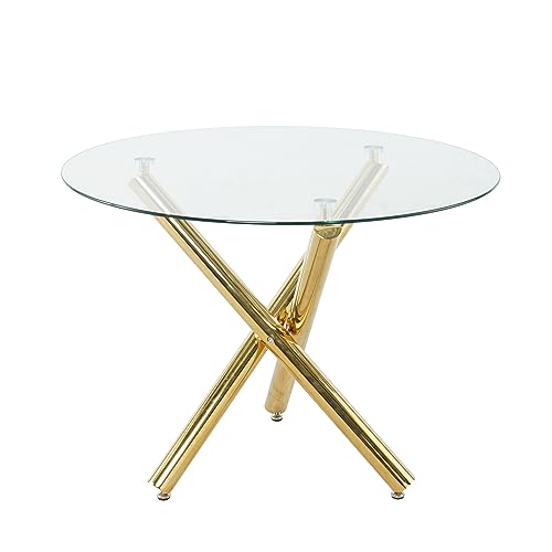 Round Glass Dining Room Table for 2 to 4 Person Modern Tempered Glass Top, Sturdy Chrome Legs, Adjustable Foot Pads, Kitchen Table for Living Room, Dining Room, Tea, Home, 39.37 Inch, Golden Base