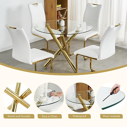 Round Glass Dining Room Table for 2 to 4 Person Modern Tempered Glass Top, Sturdy Chrome Legs, Adjustable Foot Pads, Kitchen Table for Living Room, Dining Room, Tea, Home, 39.37 Inch, Golden Base