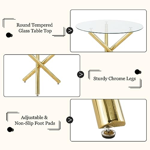 Round Glass Dining Room Table for 2 to 4 Person Modern Tempered Glass Top, Sturdy Chrome Legs, Adjustable Foot Pads, Kitchen Table for Living Room, Dining Room, Tea, Home, 39.37 Inch, Golden Base