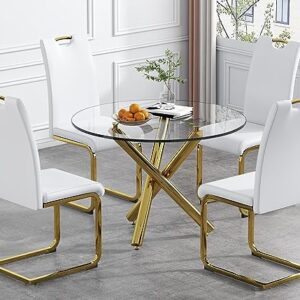 Round Glass Dining Room Table for 2 to 4 Person Modern Tempered Glass Top, Sturdy Chrome Legs, Adjustable Foot Pads, Kitchen Table for Living Room, Dining Room, Tea, Home, 39.37 Inch, Golden Base