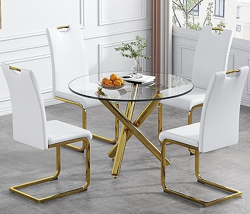 Round Glass Dining Room Table for 2 to 4 Person Modern Tempered Glass Top, Sturdy Chrome Legs, Adjustable Foot Pads, Kitchen Table for Living Room, Dining Room, Tea, Home, 39.37 Inch, Golden Base