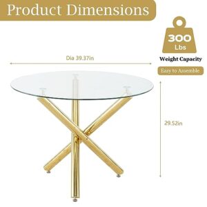 Round Glass Dining Room Table for 2 to 4 Person Modern Tempered Glass Top, Sturdy Chrome Legs, Adjustable Foot Pads, Kitchen Table for Living Room, Dining Room, Tea, Home, 39.37 Inch, Golden Base