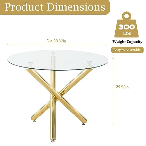 Round Glass Dining Room Table for 2 to 4 Person Modern Tempered Glass Top, Sturdy Chrome Legs, Adjustable Foot Pads, Kitchen Table for Living Room, Dining Room, Tea, Home, 39.37 Inch, Golden Base